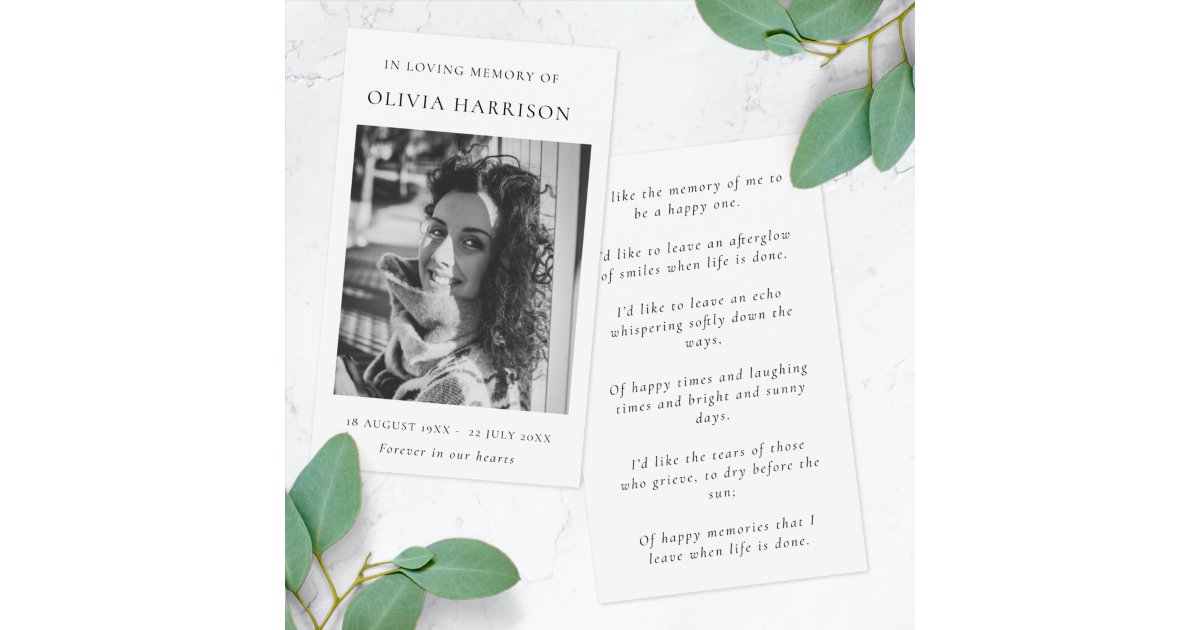 Elegant Chic Memorial | Funeral Photo Poem Card | Zazzle