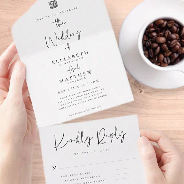 Elegant Chic Modern Simple QR Code Wedding All In One Invitation | Zazzle