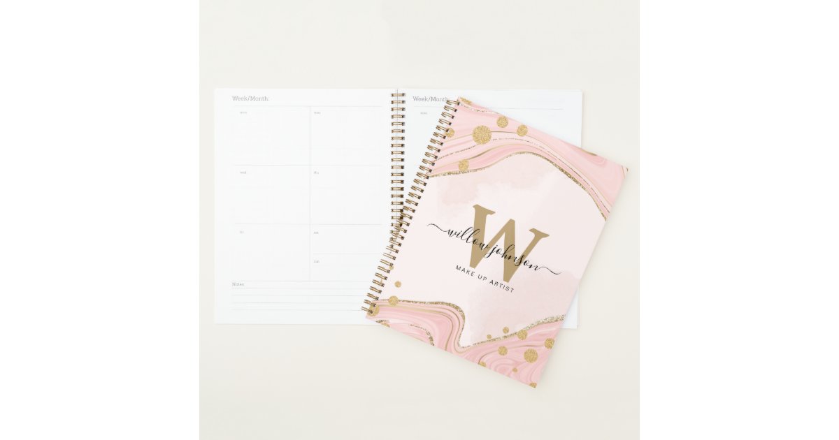 Elegant Chic Monogram Pink Gold Glitter Marble Planner | Zazzle