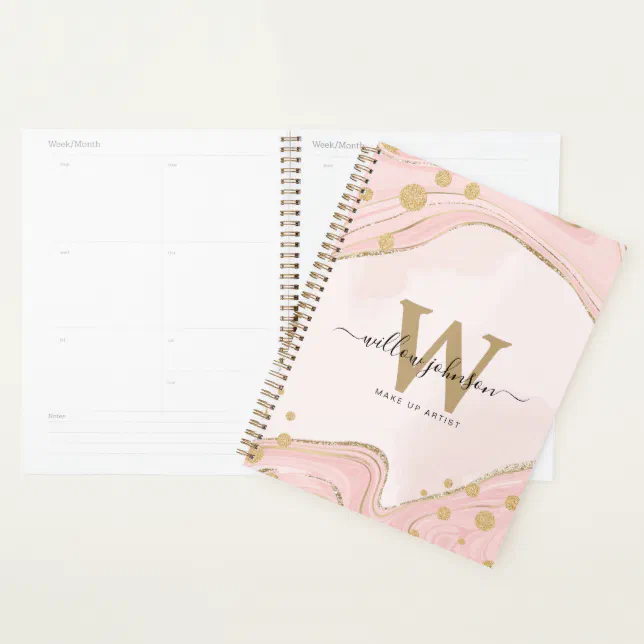Elegant Chic Monogram Pink Gold Glitter Marble Planner | Zazzle