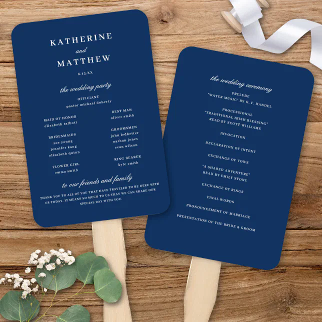 Elegant Chic Navy Blue Wedding Ceremony Program Hand Fan | Zazzle