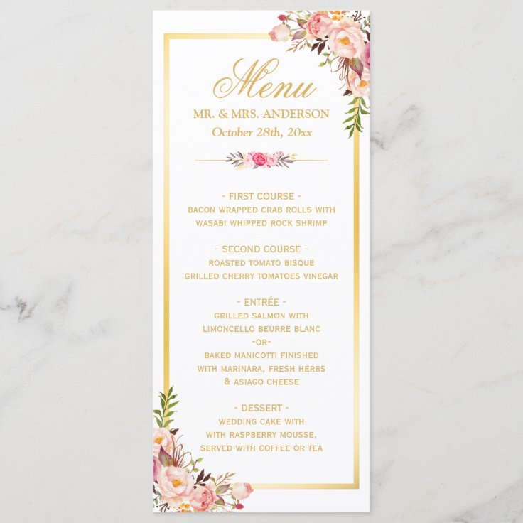 Elegant Chic Pink Floral Gold Frame Wedding Menu | Zazzle