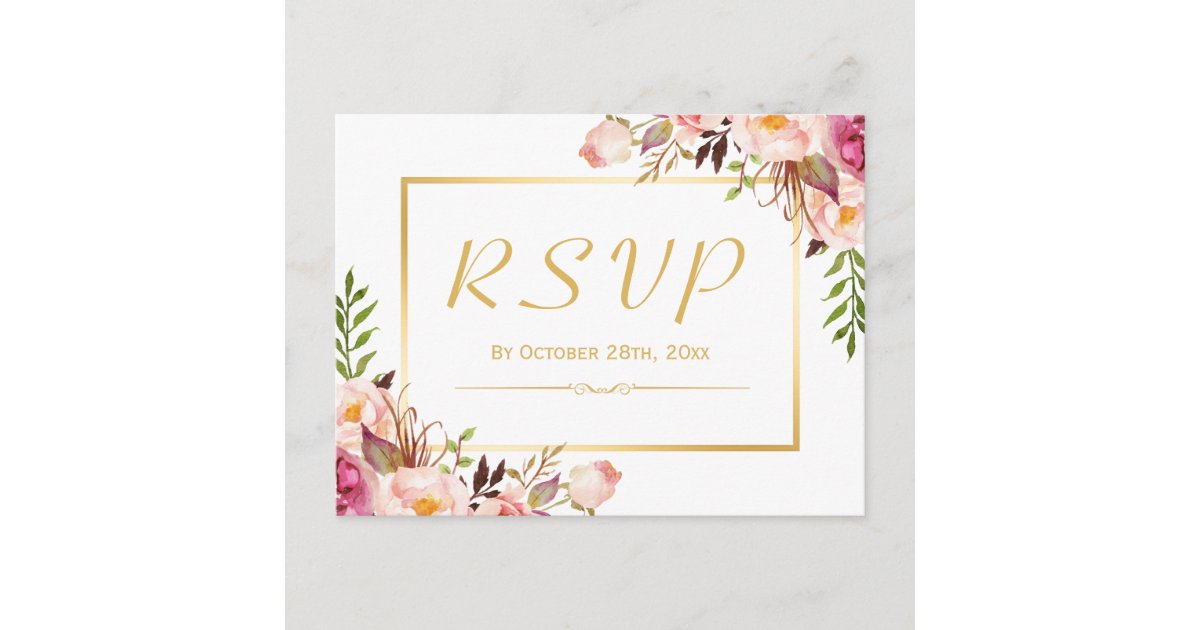 Elegant Chic Pink Floral Gold Frame Wedding RSVP Invitation Postcard ...