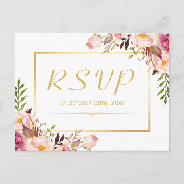 Elegant Chic Pink Floral Gold Frame Wedding RSVP Invitation Postcard ...
