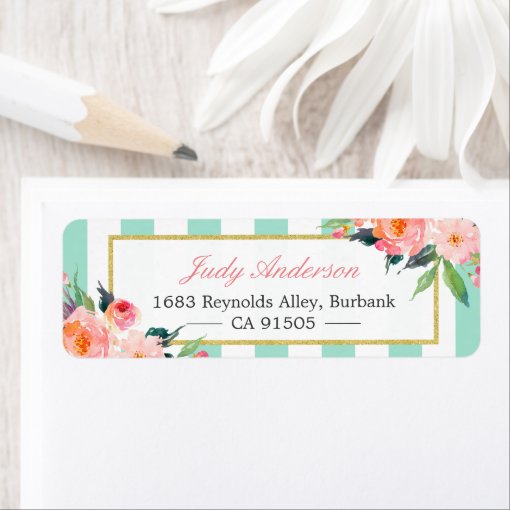 Elegant Chic Pink Flowers Mint Green Stripes Label | Zazzle