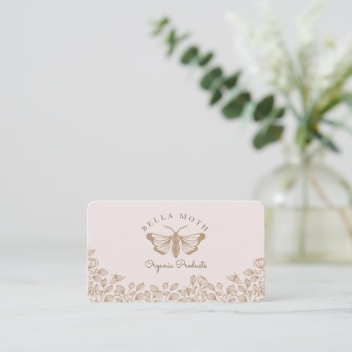 Elegant & Chic Pink & Gold Florals & Moth Logo Business Card | Zazzle