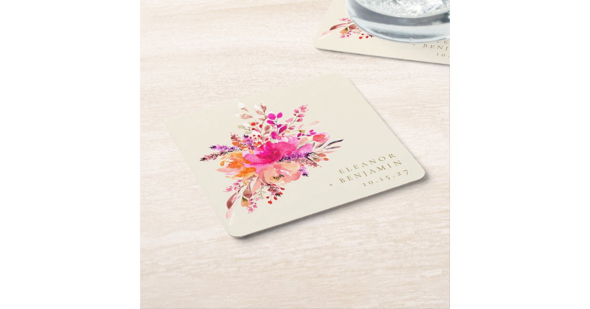 Elegant Chic Pink Watercolor Floral Wedding Custom Square Paper Coaster ...