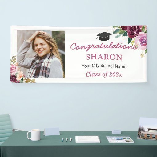 Elegant Chic Purple Floral Photo Graduation Party Banner | Zazzle
