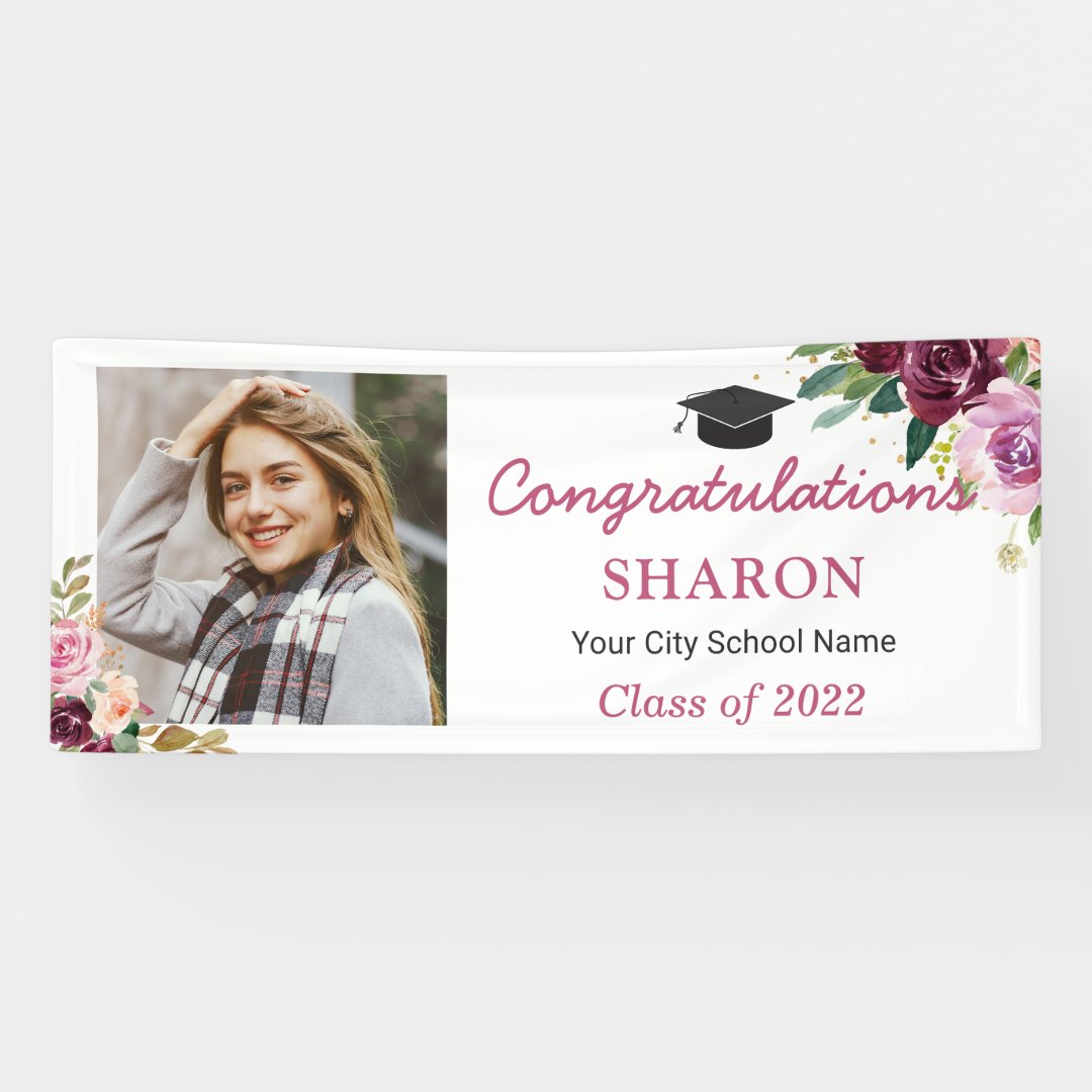 Elegant Chic Purple Floral Photo Graduation Party Banner | Zazzle