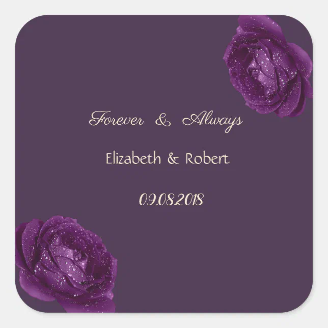 Elegant Chic Purple Roses Wedding Square Sticker | Zazzle