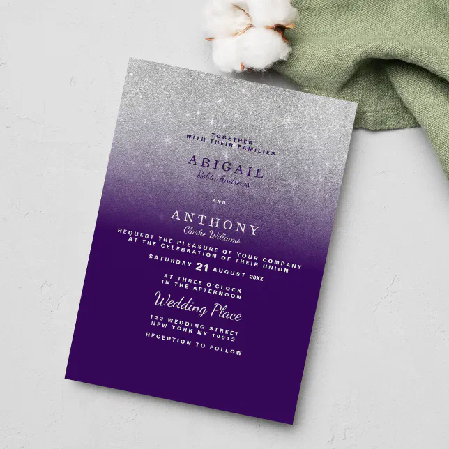 Elegant chic purple silver glitter ombre wedding invitation | Zazzle