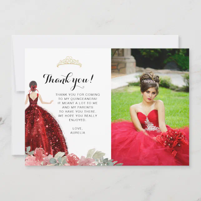 Elegant Chic Ruby Red Floral Geometric Quinceañera Thank You Card | Zazzle