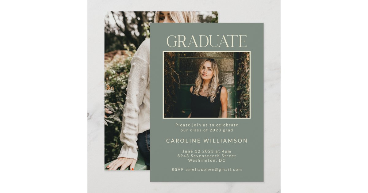 Elegant Chic Sage Green Two Photo Graduation Party Invitation | Zazzle