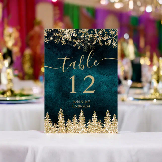 Elegant chic script Gold and Teal Winter Christmas Table Number | Zazzle