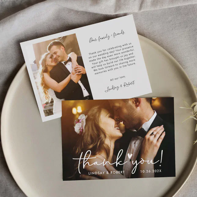 Elegant Chic Script Love Heart Wedding Photo Thank You Card | Zazzle