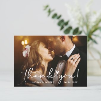 Elegant Chic Script Love Heart Wedding Photo Thank You Card | Zazzle