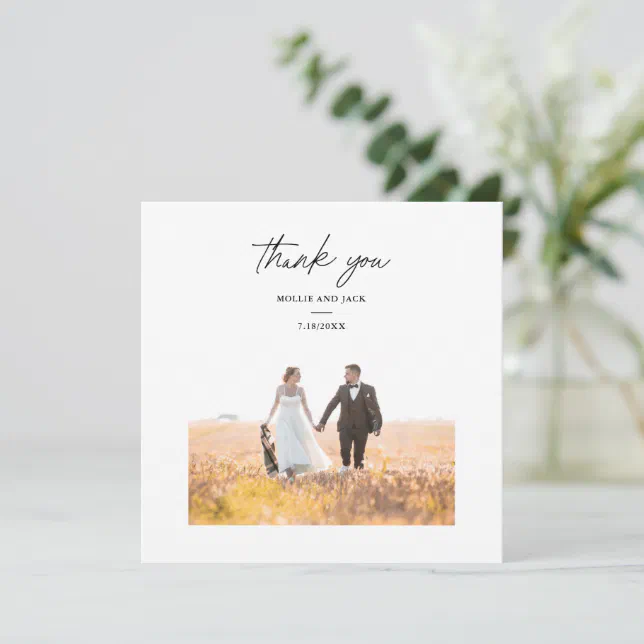 Elegant Chic Script Wedding Photo Thank You Card | Zazzle