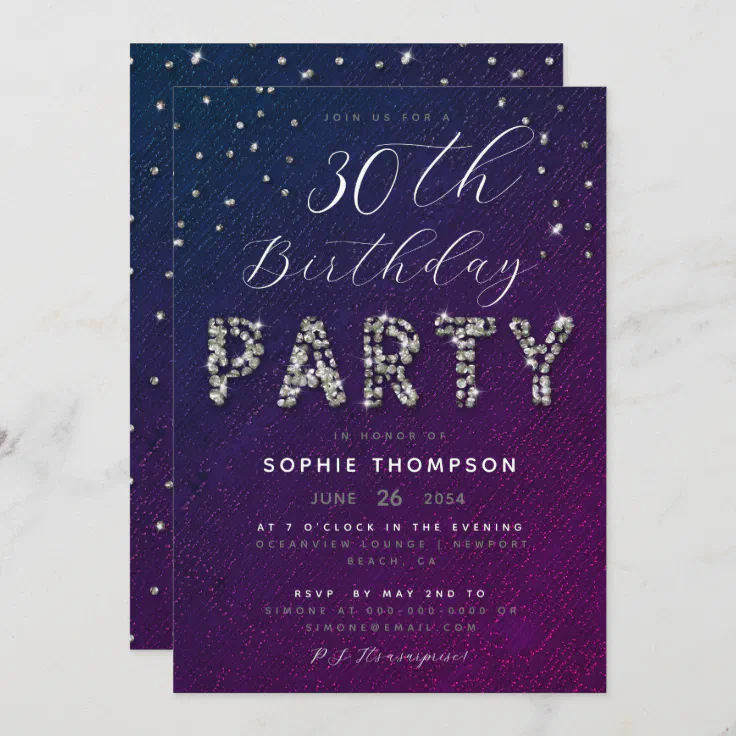 Elegant Chic Sparkle Glitter Purple Birthday Party Invitation | Zazzle