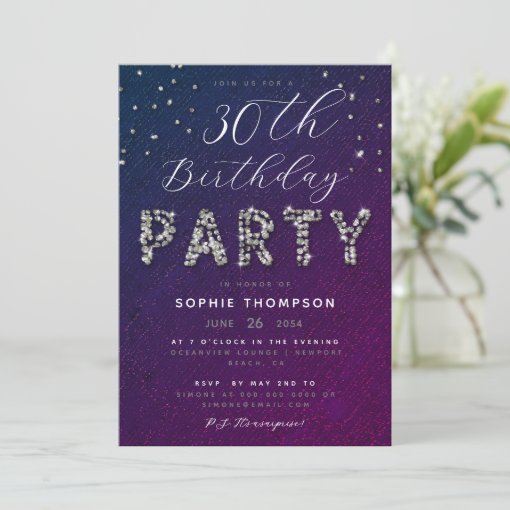 Elegant Chic Sparkle Glitter Purple Birthday Party Invitation | Zazzle