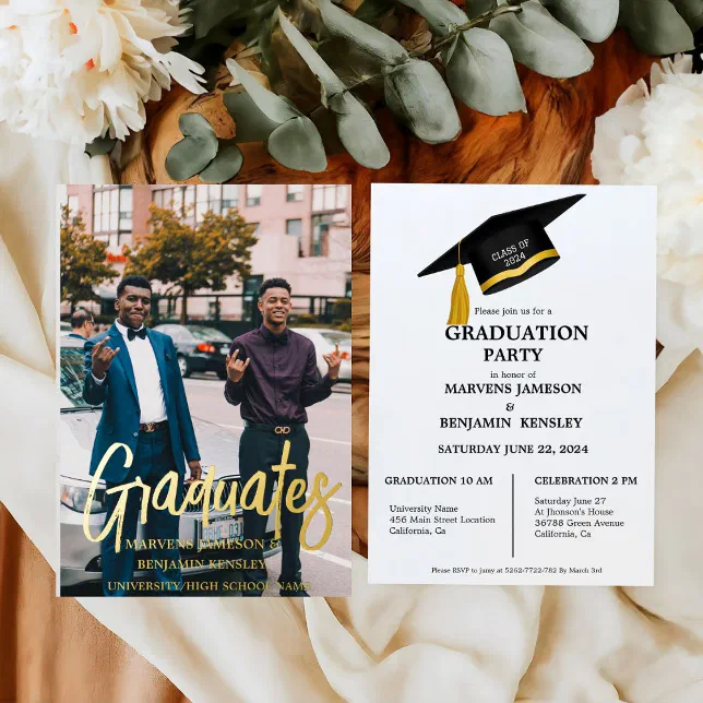 Elegant Chic Twin Double Graduation Party Foil Invitation | Zazzle