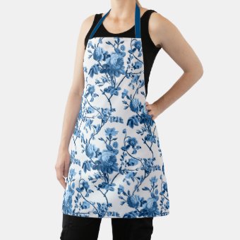 Elegant Chic Vintage Blue Rose Floral Apron | Zazzle