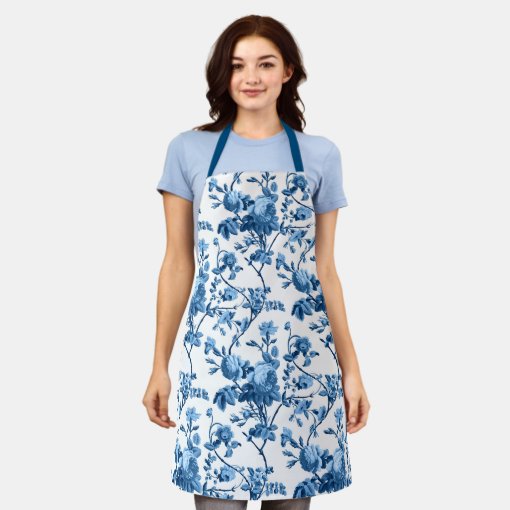 Elegant Chic Vintage Blue Rose Floral Apron | Zazzle