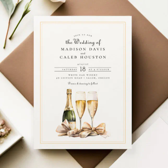 Elegant Chic Watercolor Champagne Bow Wedding Invitation | Zazzle