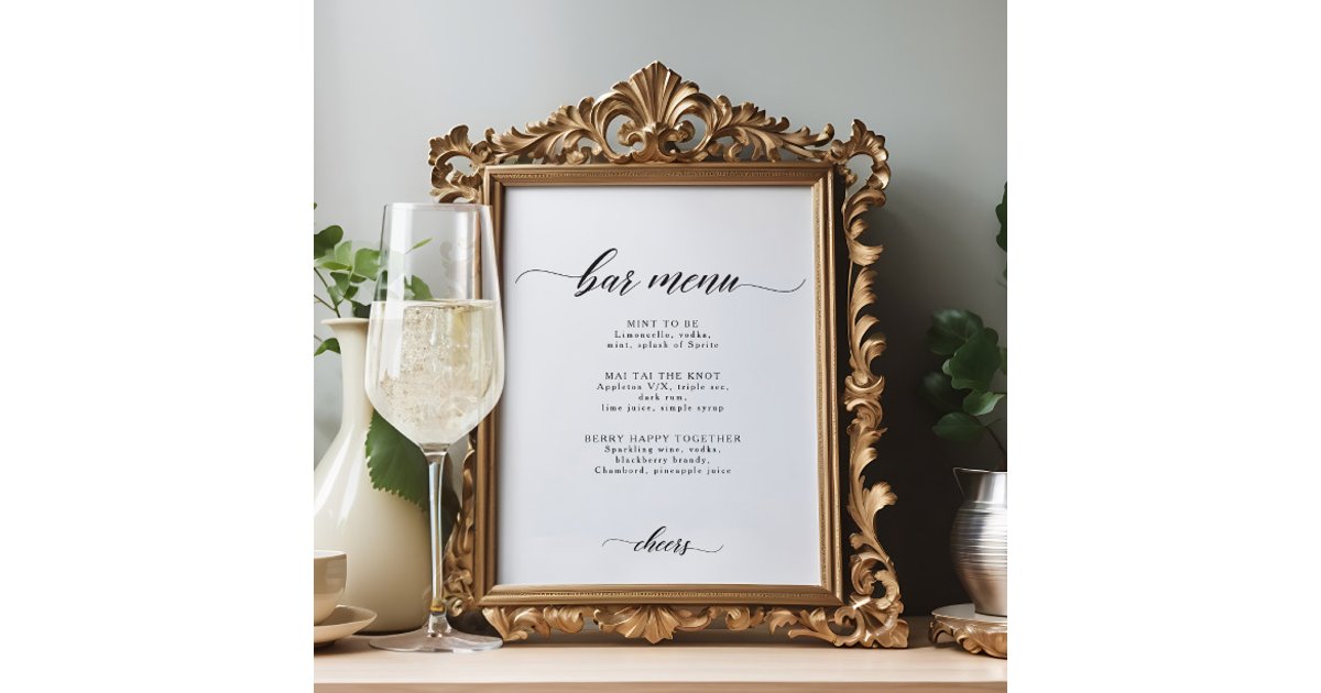 Elegant Chic Wedding Bar or Cocktail Menu Sign | Zazzle