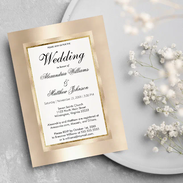 Elegant chic white champagne gold glamour Wedding Invitation | Zazzle