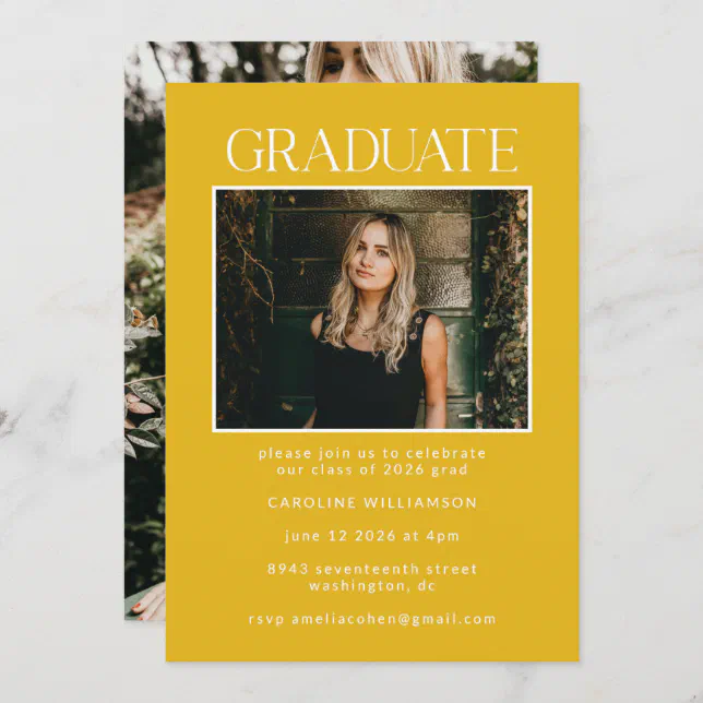 Elegant Chic Yellow Two Photo Graduation Party Invitation | Zazzle