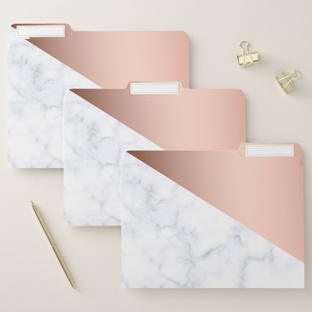 Elegant chick geometric white marble rose gold file folder | Zazzle