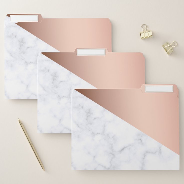 Elegant chick geometric white marble rose gold file folder | Zazzle