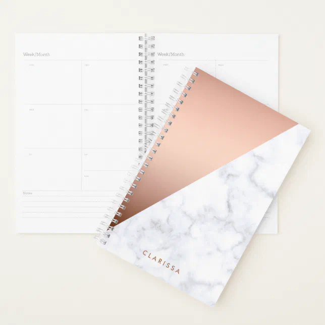 elegant chick geometric white marble rose gold planner | Zazzle