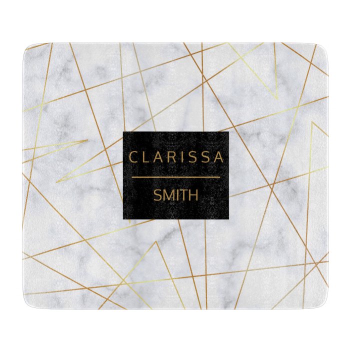 elegant chick white marble faux gold geometric cutting board | Zazzle.com