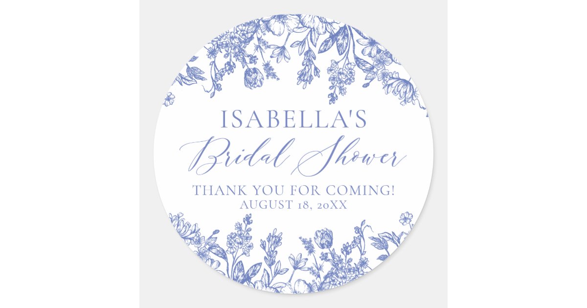 Elegant Chinoise Dusty Blue Floral Bridal Shower Classic Round Sticker ...