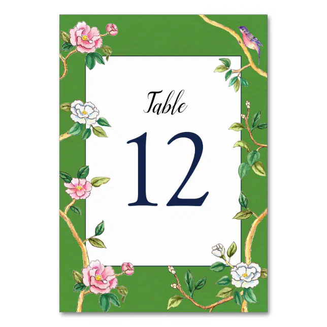 Elegant Chinoiserie Floral Green & White Table Number | Zazzle