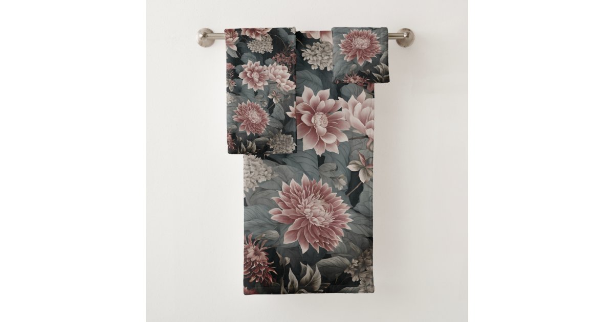 Elegant Chinoiserie Grey and Raspberry Florals Bath Towel Set | Zazzle