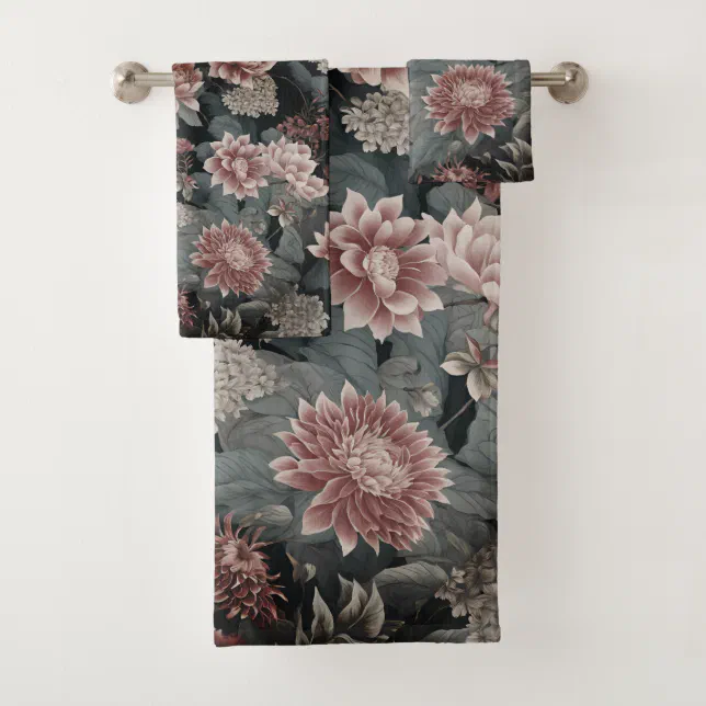 Elegant Chinoiserie Grey and Raspberry Florals Bath Towel Set | Zazzle