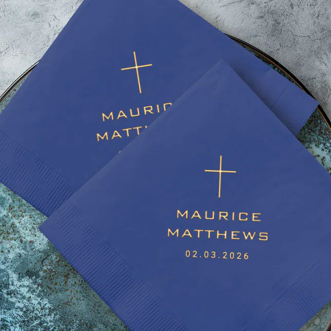 Elegant Christian cross name and date Foil Napkins | Zazzle