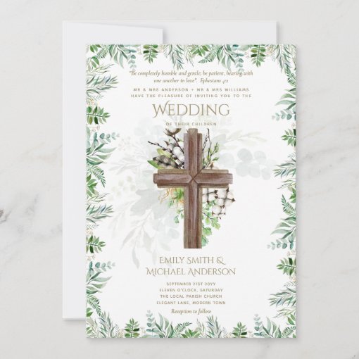 Elegant Christian Greenery Rustic Cross Wedding Invitation | Zazzle