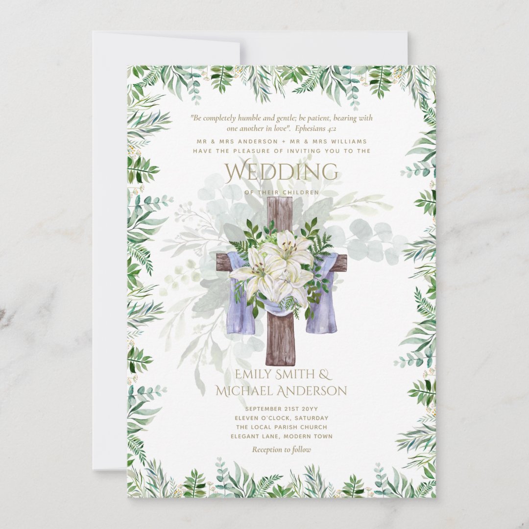 Elegant Christian White Lily Rustic Cross Wedding Invitation | Zazzle