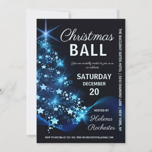 Elegant Christmas Ball Blue Tree Holiday Party Invitation | Zazzle
