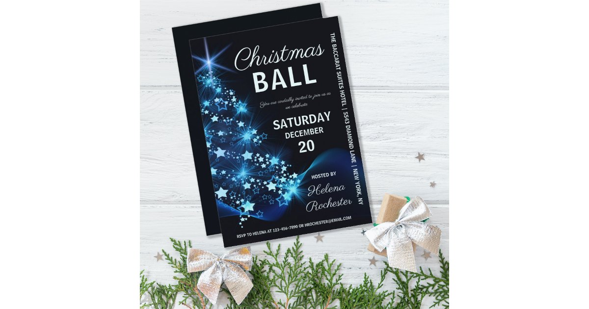 Elegant Christmas Ball Blue Tree Holiday Party Invitation | Zazzle