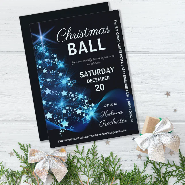 Elegant Christmas Ball Blue Tree Holiday Party Invitation | Zazzle