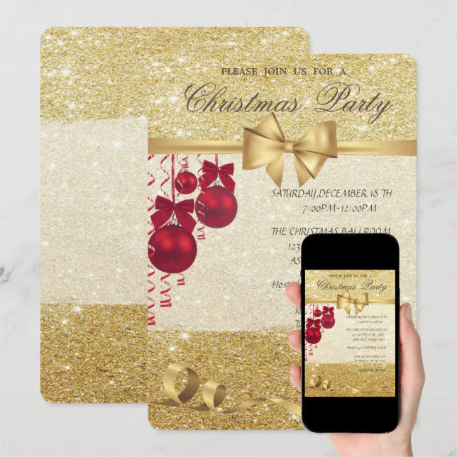Elegant Christmas Balls,Glittery ,Christmas Party Invitation | Zazzle