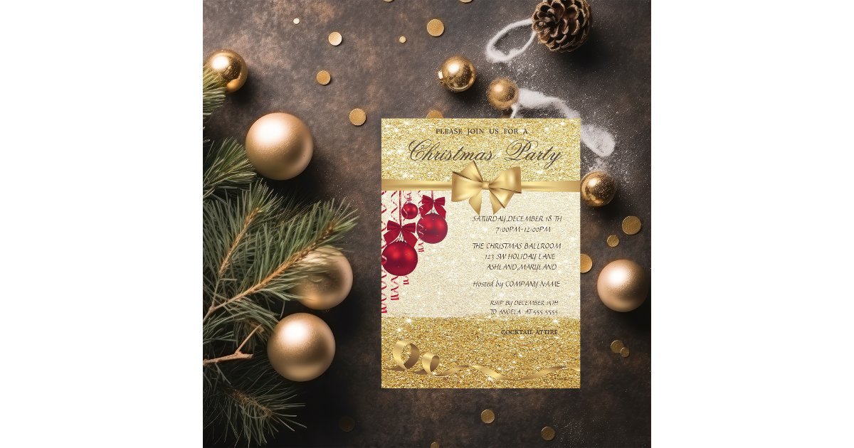 Elegant Christmas Balls,Glittery ,Christmas Party Invitation | Zazzle