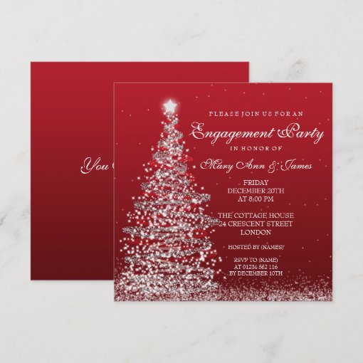 Elegant Christmas Engagement Party Red Silver Invitation | Zazzle