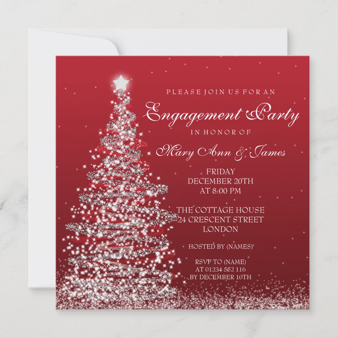 Elegant Christmas Engagement Party Red Silver Invitation | Zazzle