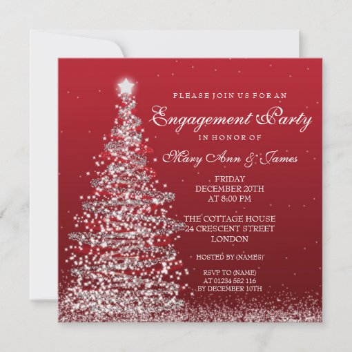 Elegant Christmas Engagement Party Red Silver Invitation | Zazzle