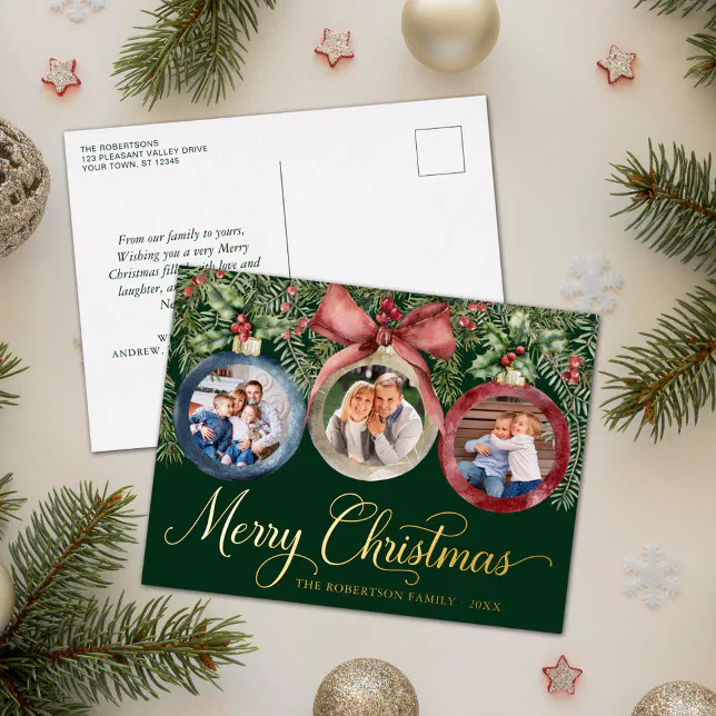 Elegant Christmas Family Photos Ornaments Green Foil Holiday Postcard ...